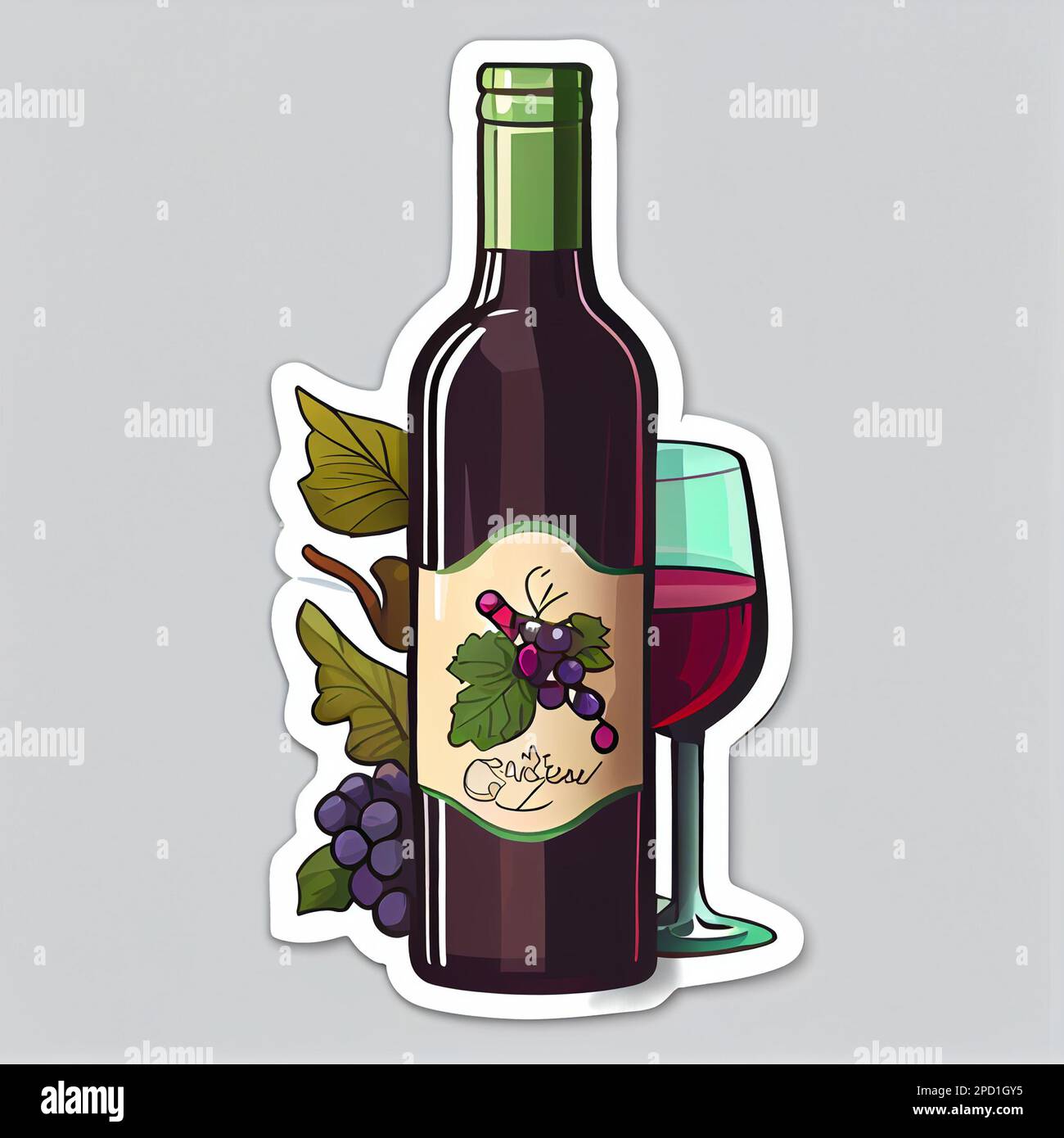 Sticker red wine bottle, glass, grape bunch and leaves. Alcohol ...