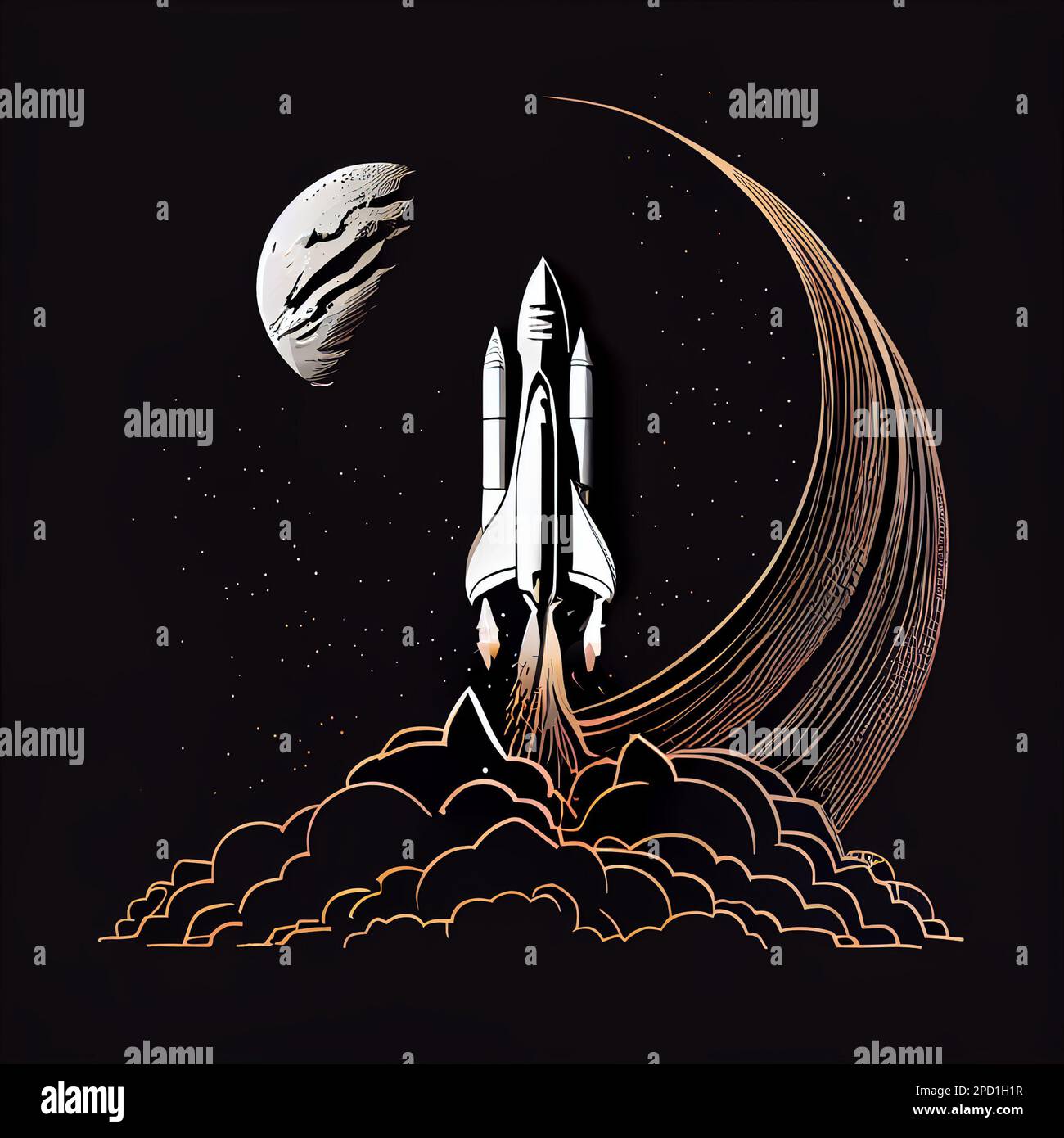 Rocket launch, graphic contour line drawing of rocket taking off into ...
