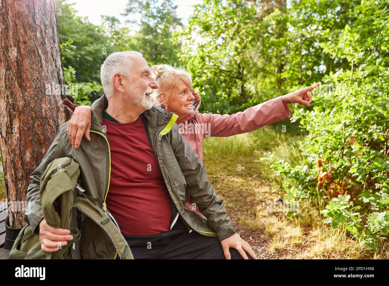 Happy senior woman pointing while exploring forest with man during ...