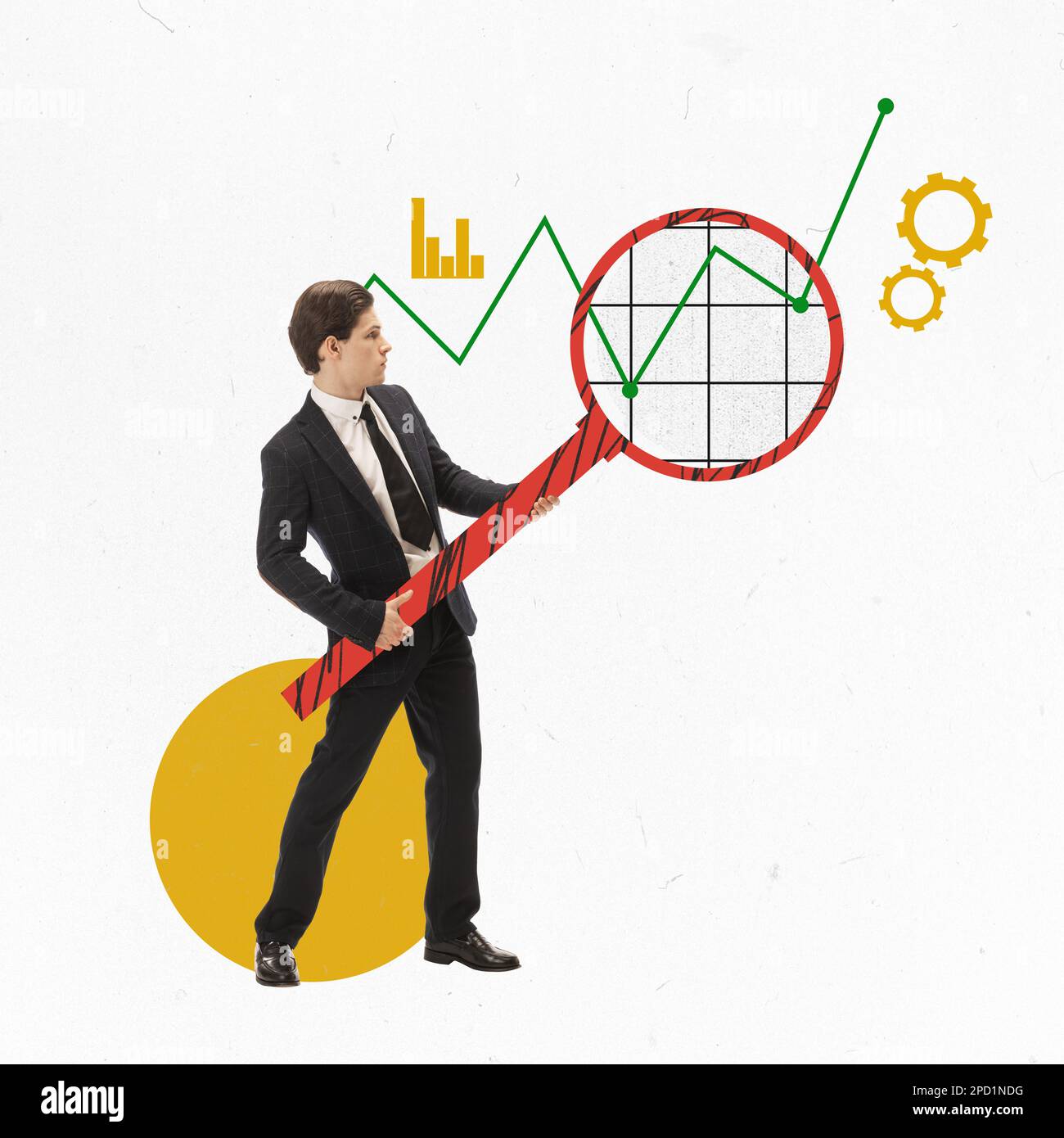 Conceptual design. Modern art collage. Young man, employee showing ...