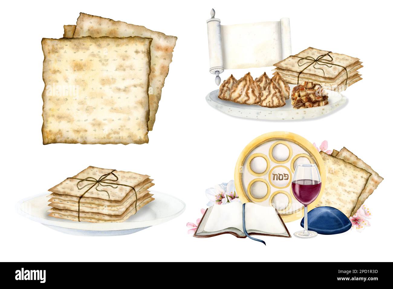 Passover matzah bread watercolor illustration set. Jewish holiday ...