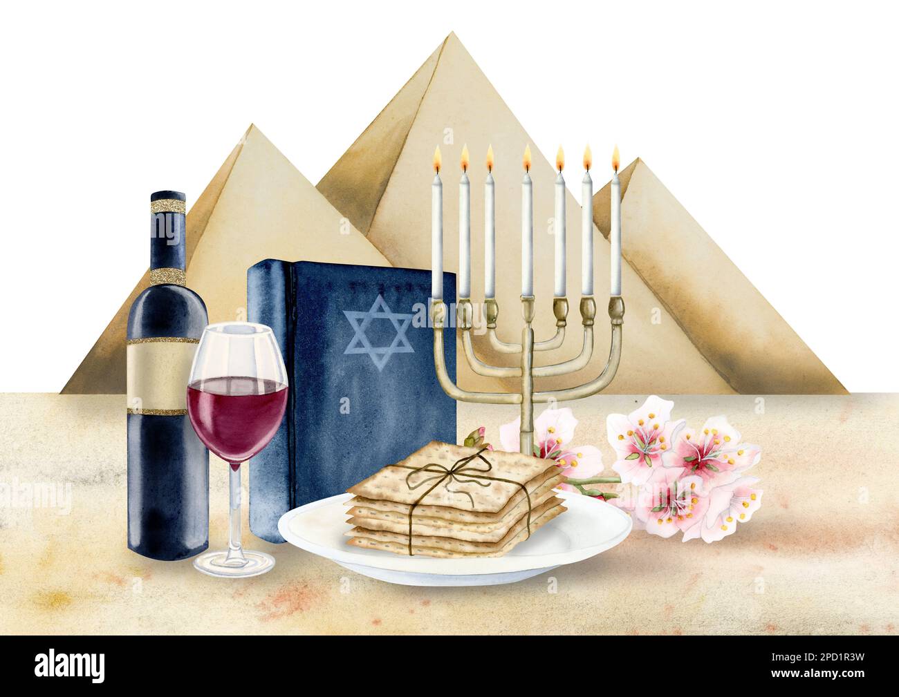 Passover greeting card Jewish holiday with watercolor Pesach symbols ...