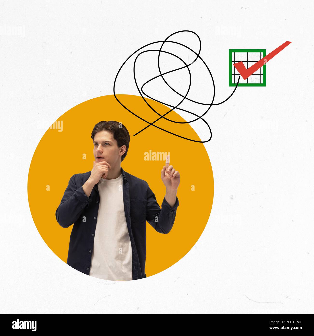 Conceptual design. Modern art collage. Young man with thoughtful face ...