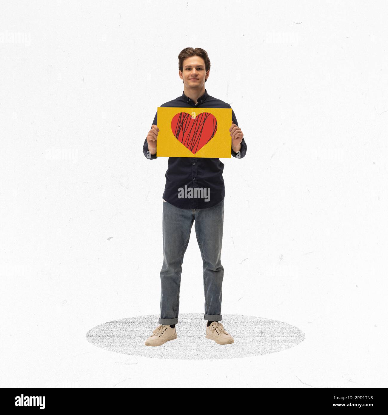 Conceptual design. Modern art collage. Young happy man standing with ...