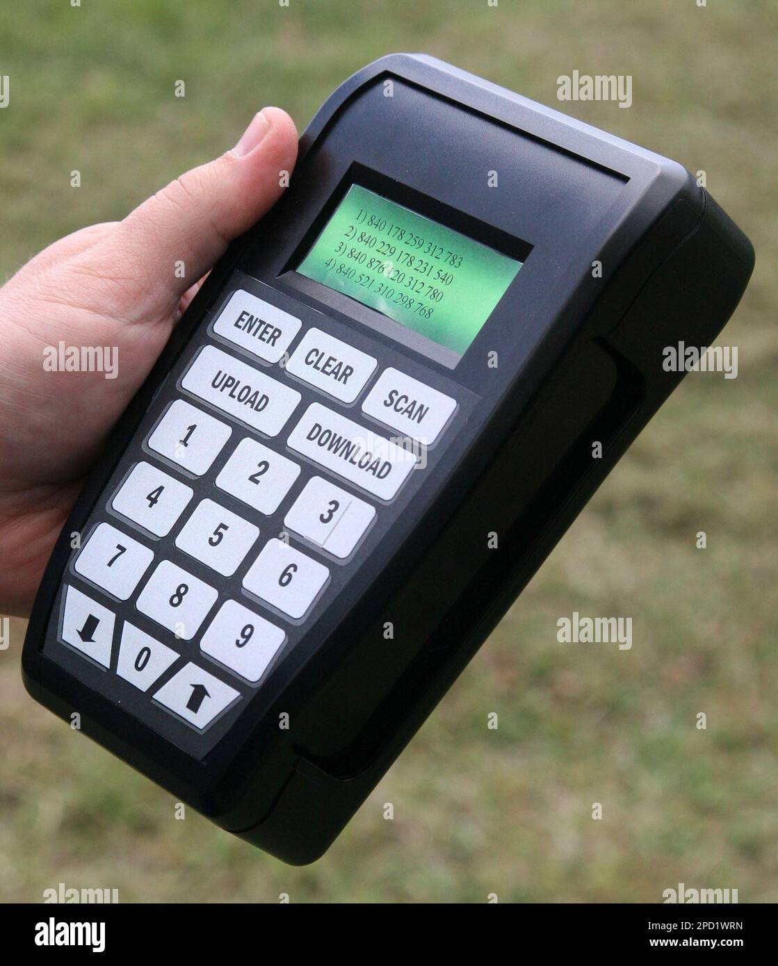 Closeup of a ZigBeef hand held reader used to identify RFID tagged ...