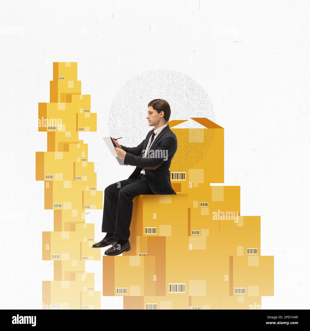 Conceptual modern art, design. Man sitting on boxes and writing in ...