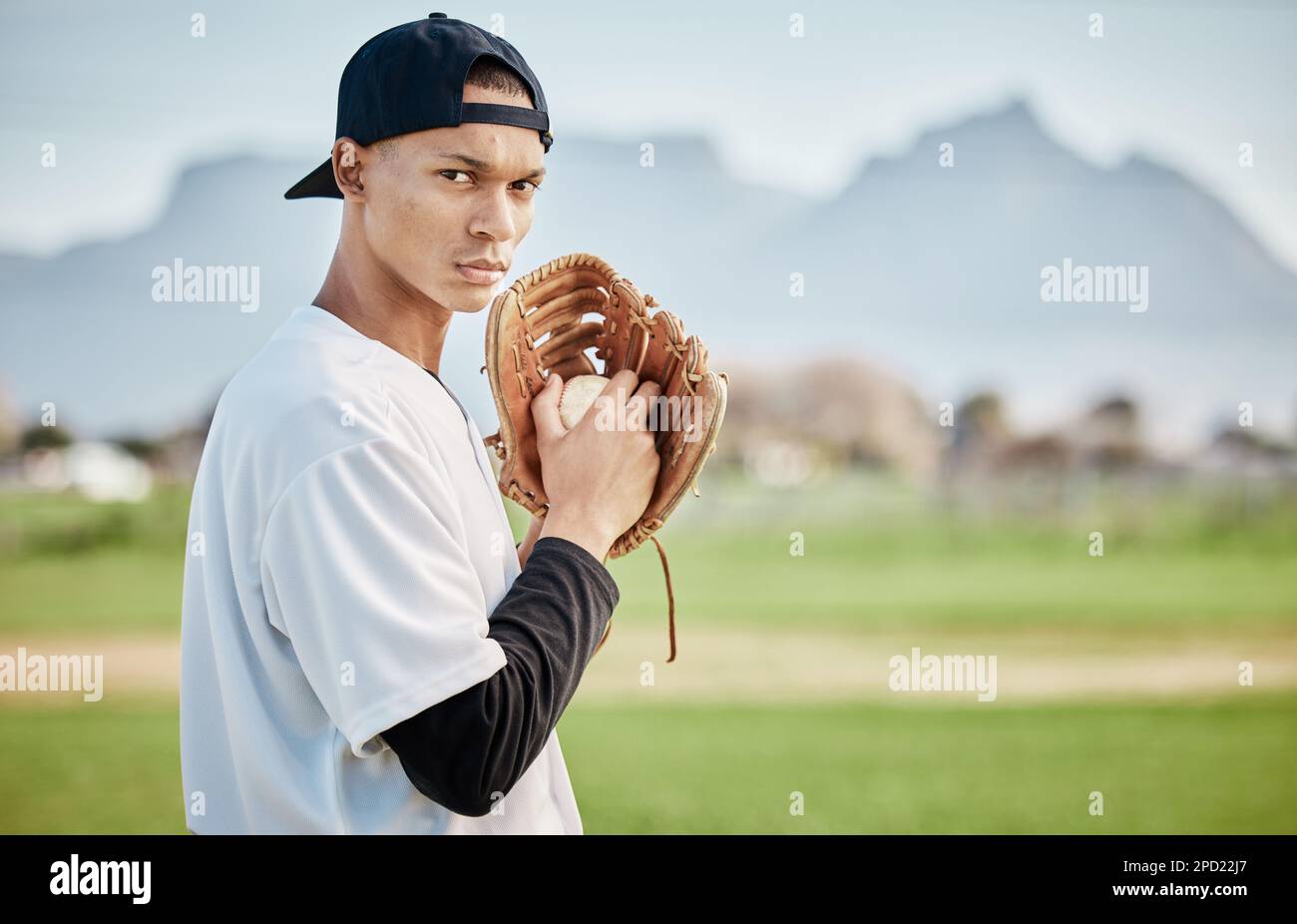 Portrait pitcher, ready or baseball player training for a sports game ...