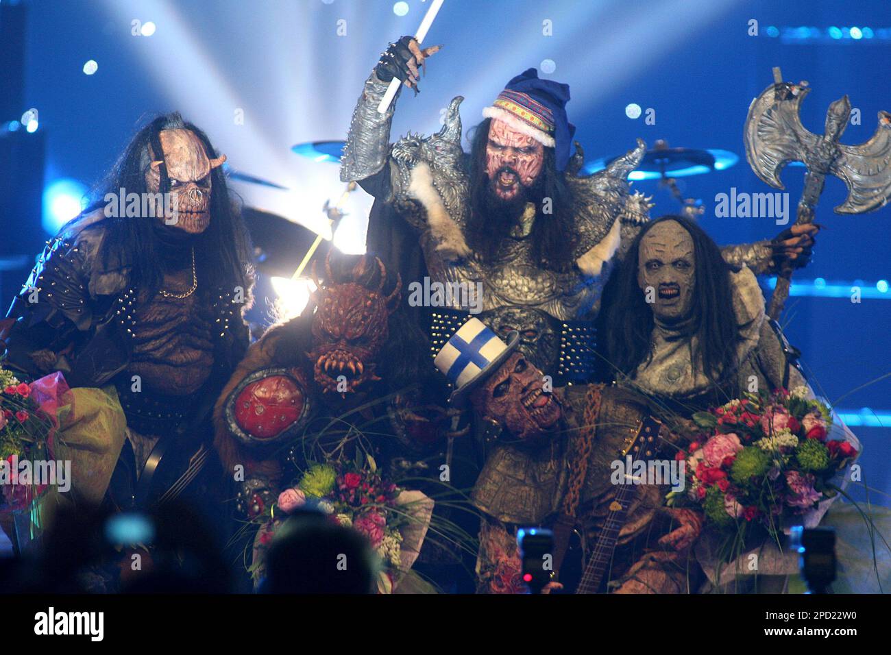 The group Lordi celebrate after their win in the Eurovision final at ...