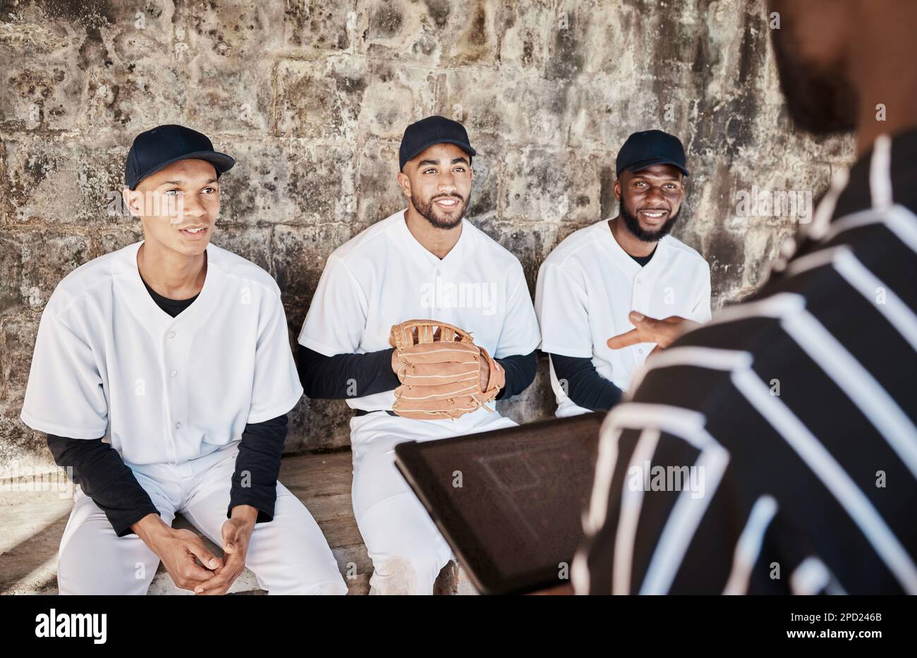 Teamwork, planning or baseball coach with a strategy, training or ...