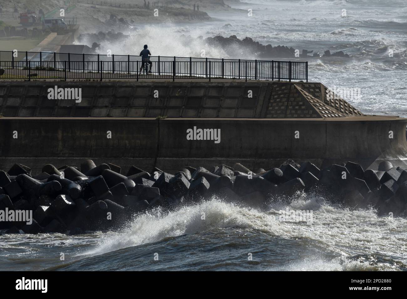 Waves crash down on the coast of the Sea of Japan as a typhoon bears ...