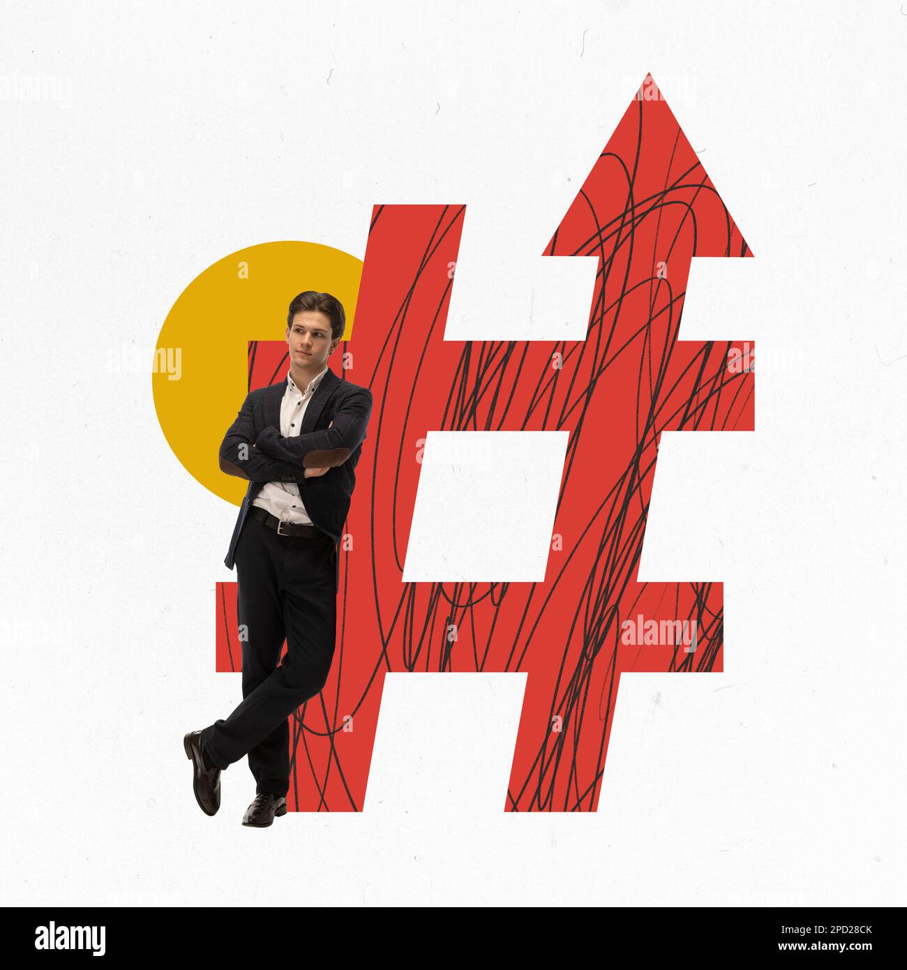 Creative modern conceptual design. Man leaning on giant hashtag ...