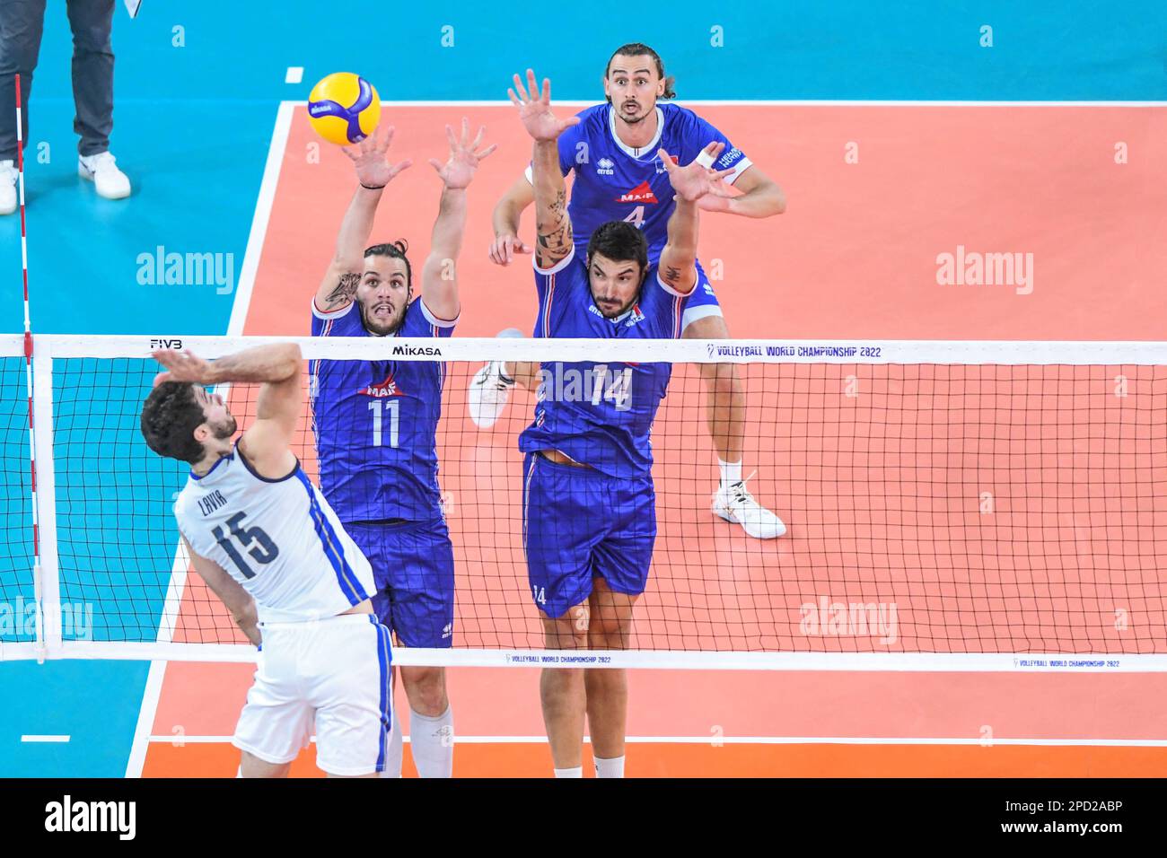 Antoine Brizard, Nicolas Le Goff (France) blocking Daniele Lavia (Italy ...