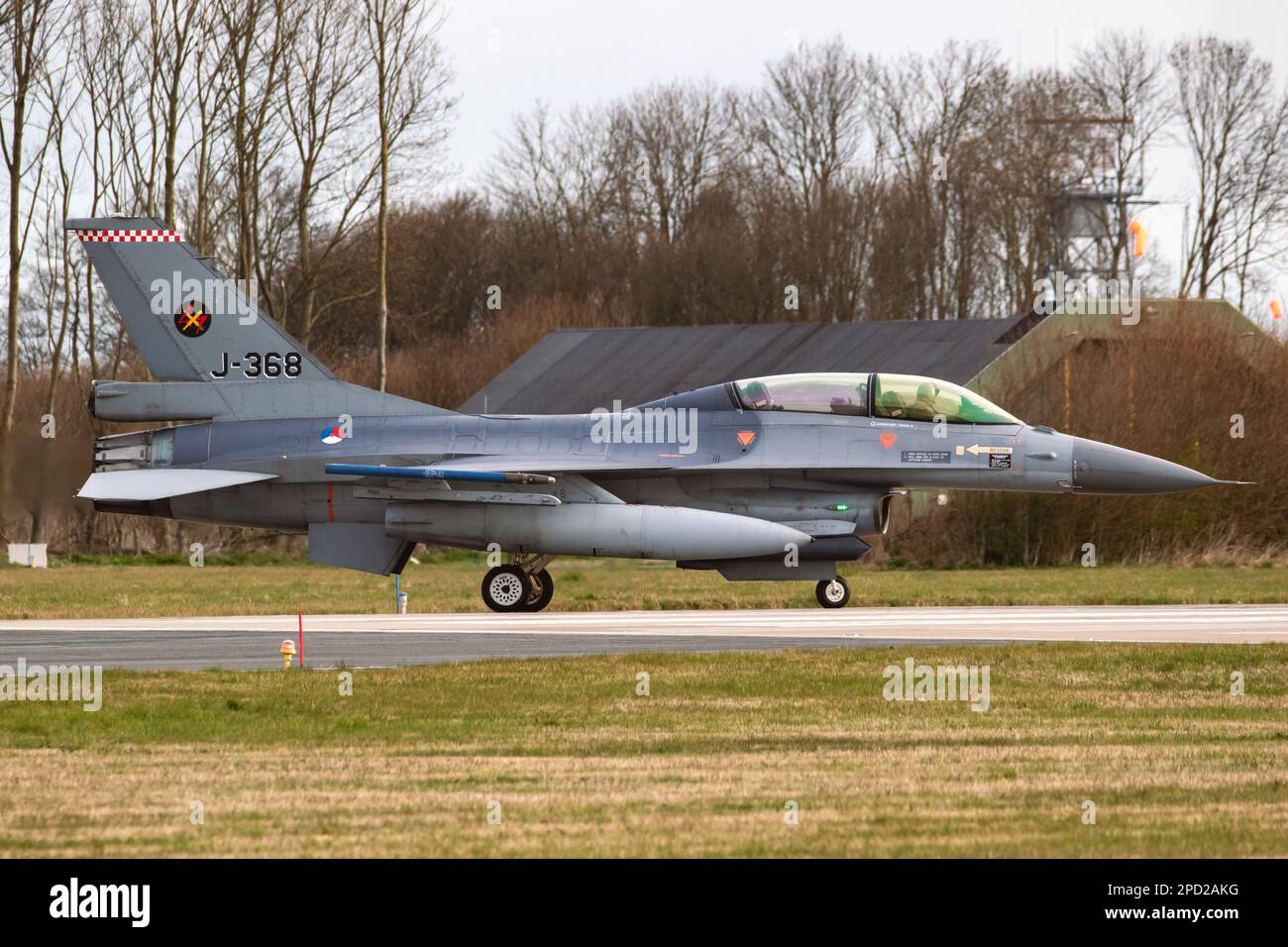 Royal Netherlands Air Force F-16BM fighter jet on the runway at Leeuwarden Air Base, The ...