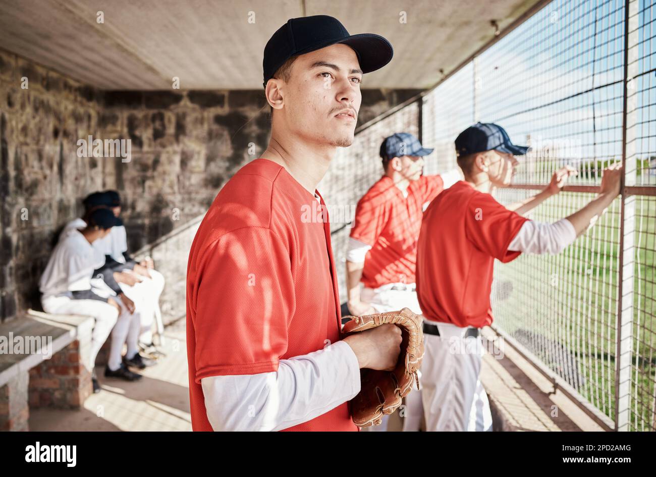Baseball, pitcher or dugout with a sports man watching his team play a ...