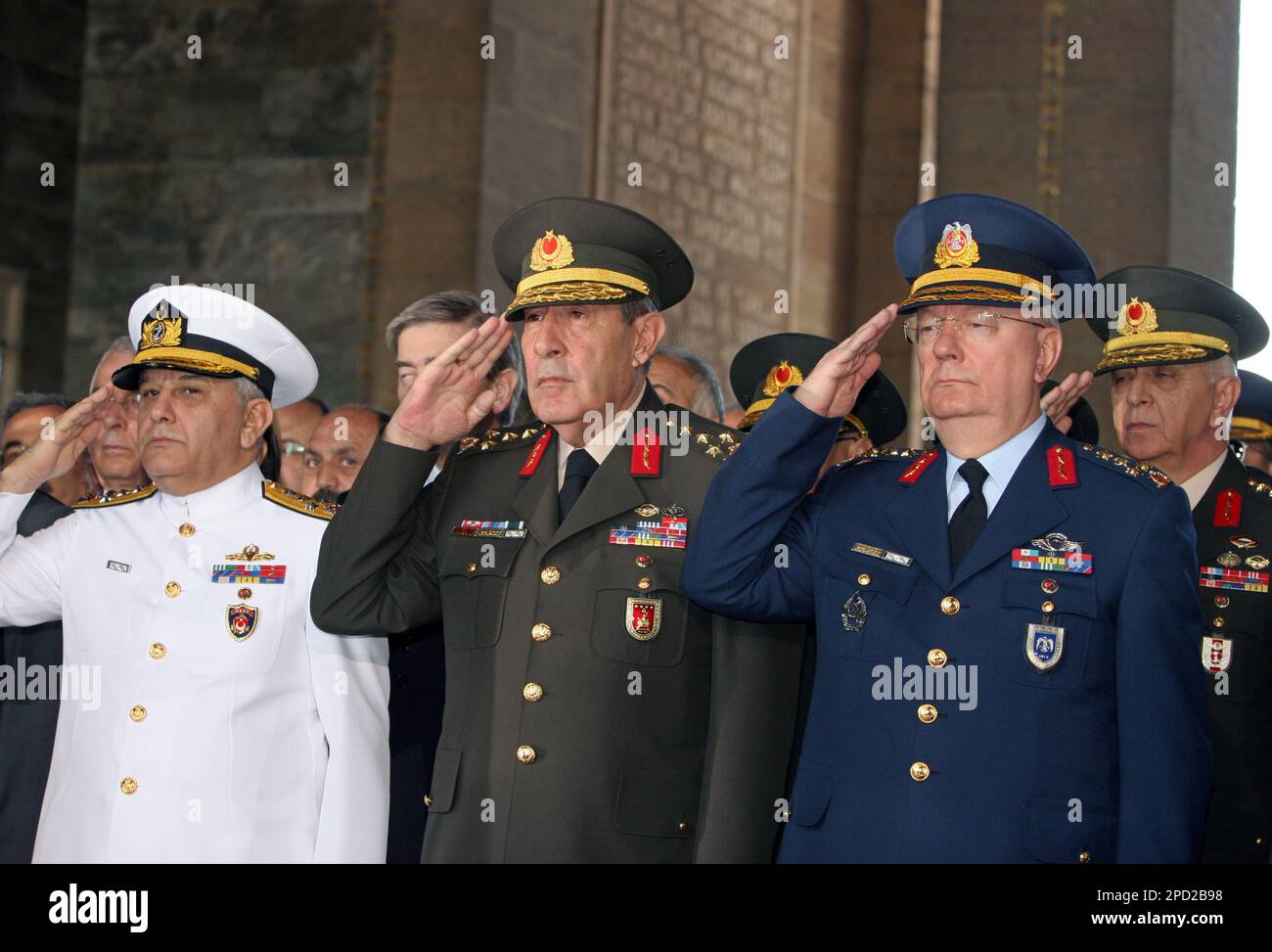 Turkish army commanders salute at the mausoleum of Turkey's founder ...