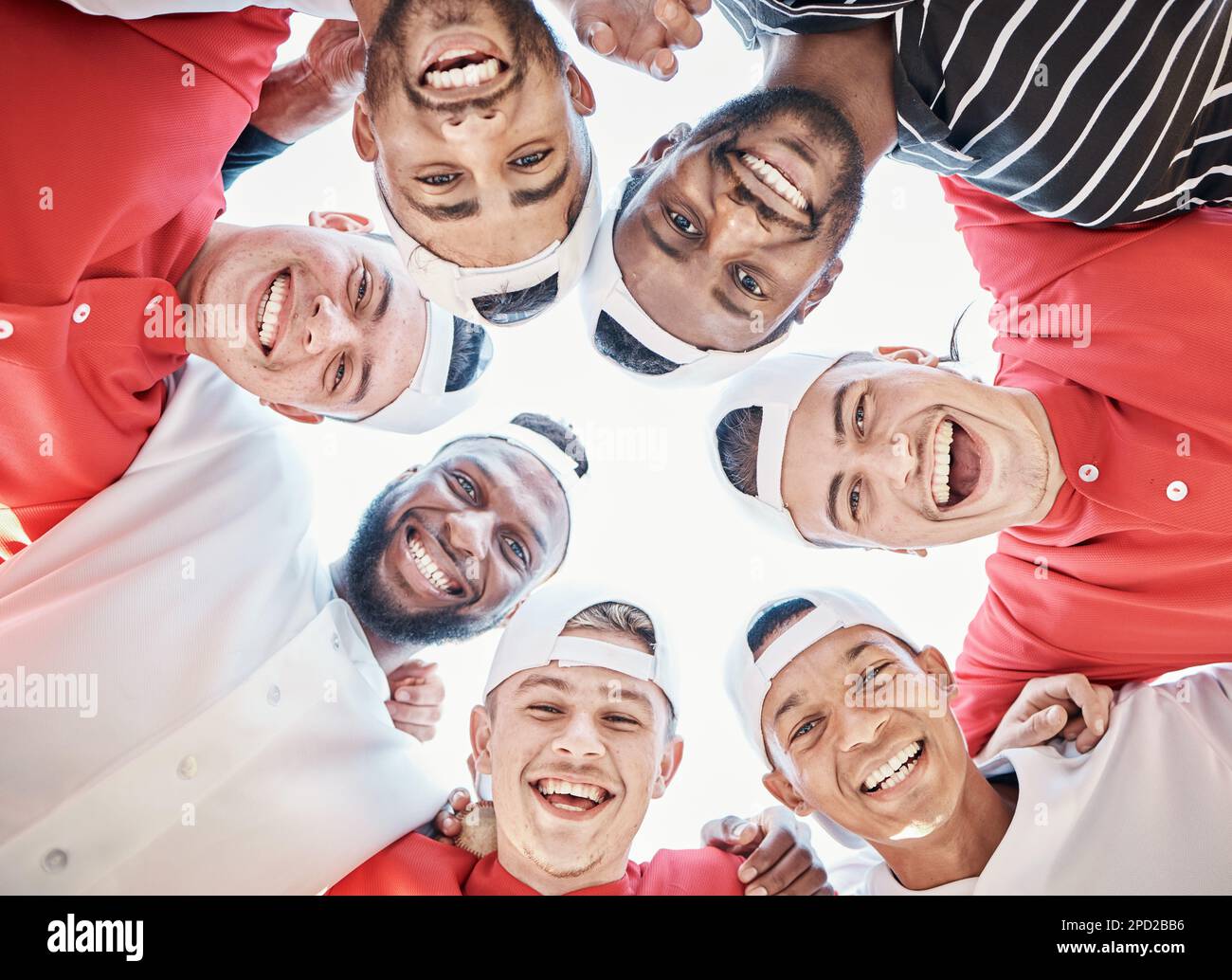 Portrait, funny or sports people in huddle with support, hope or faith on baseball field in game ...