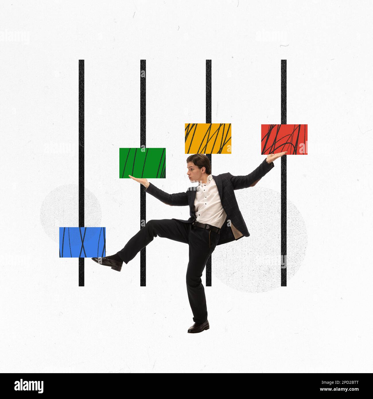 Modern creative conceptual design. Adaptation. Young man balancing with ...