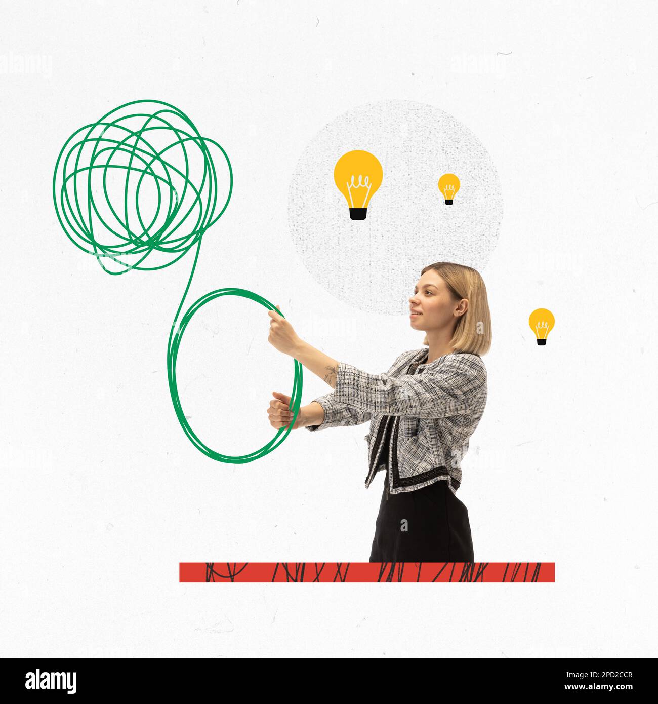 Modern creative conceptual design. Young girl easily solving difficult ...