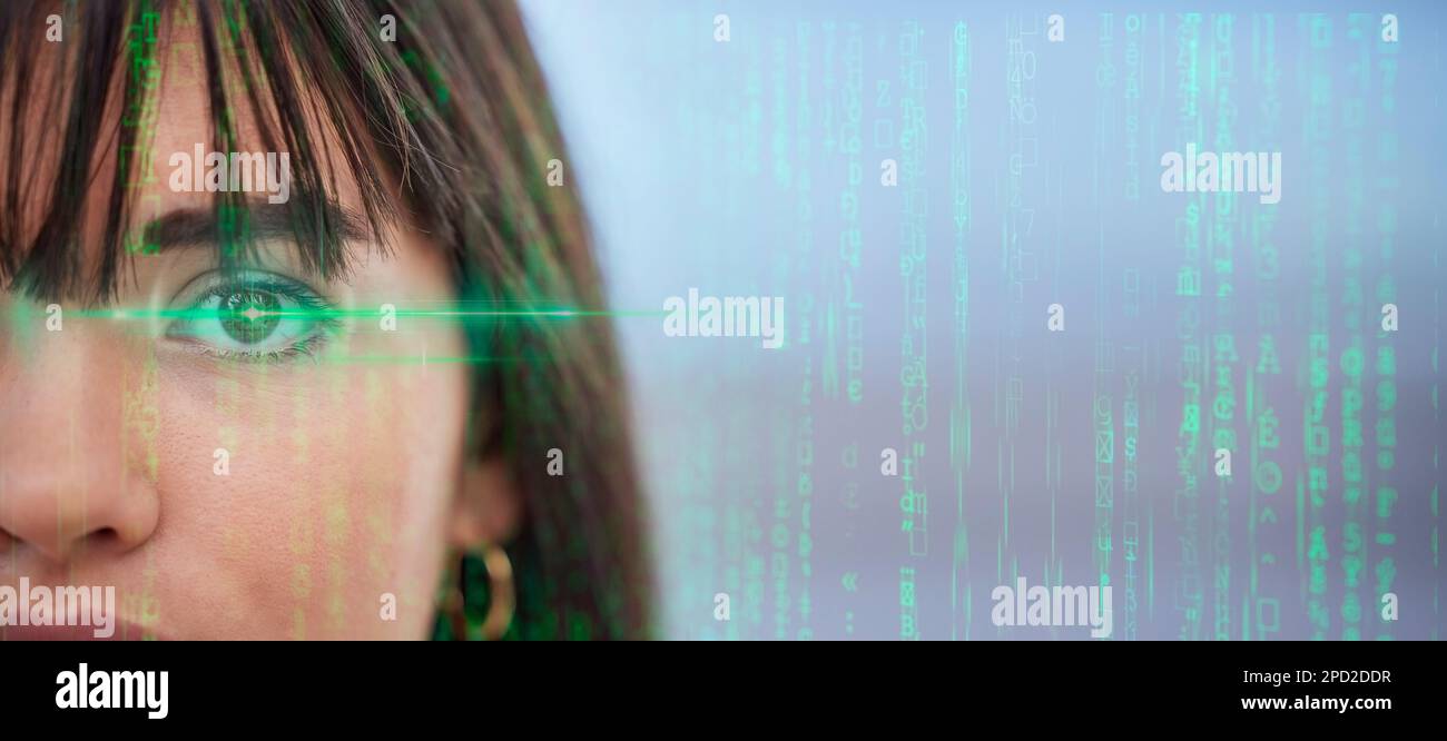 Woman, eye and biometrics on hologram for cybersecurity, futuristic ...