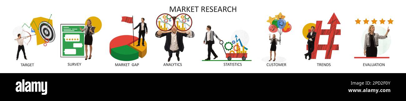 Set of icons of market research banner. Target, survey, market gap ...
