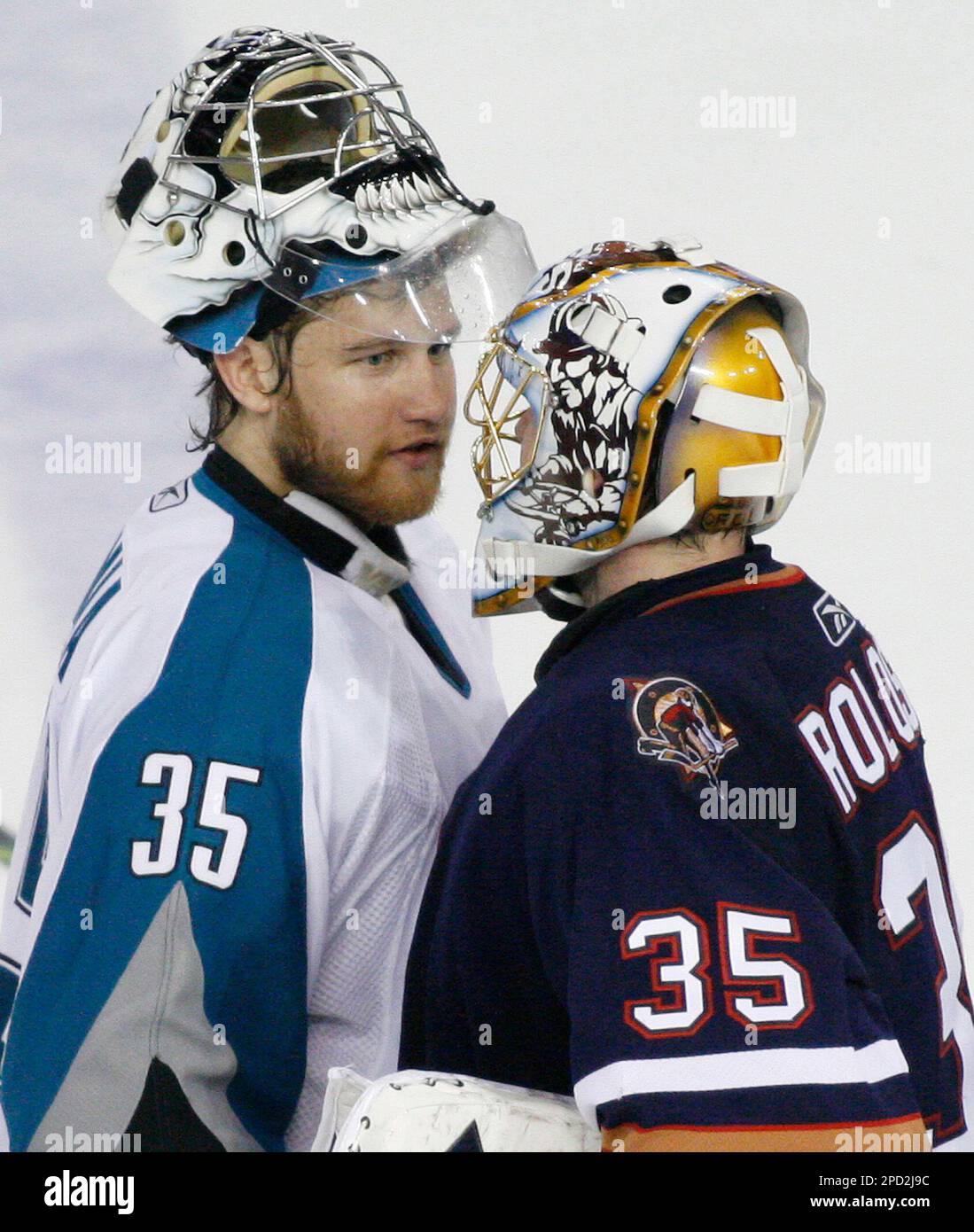 San Jose Sharks goalie Vesa Toskala, left, congratulates Edmonton ...