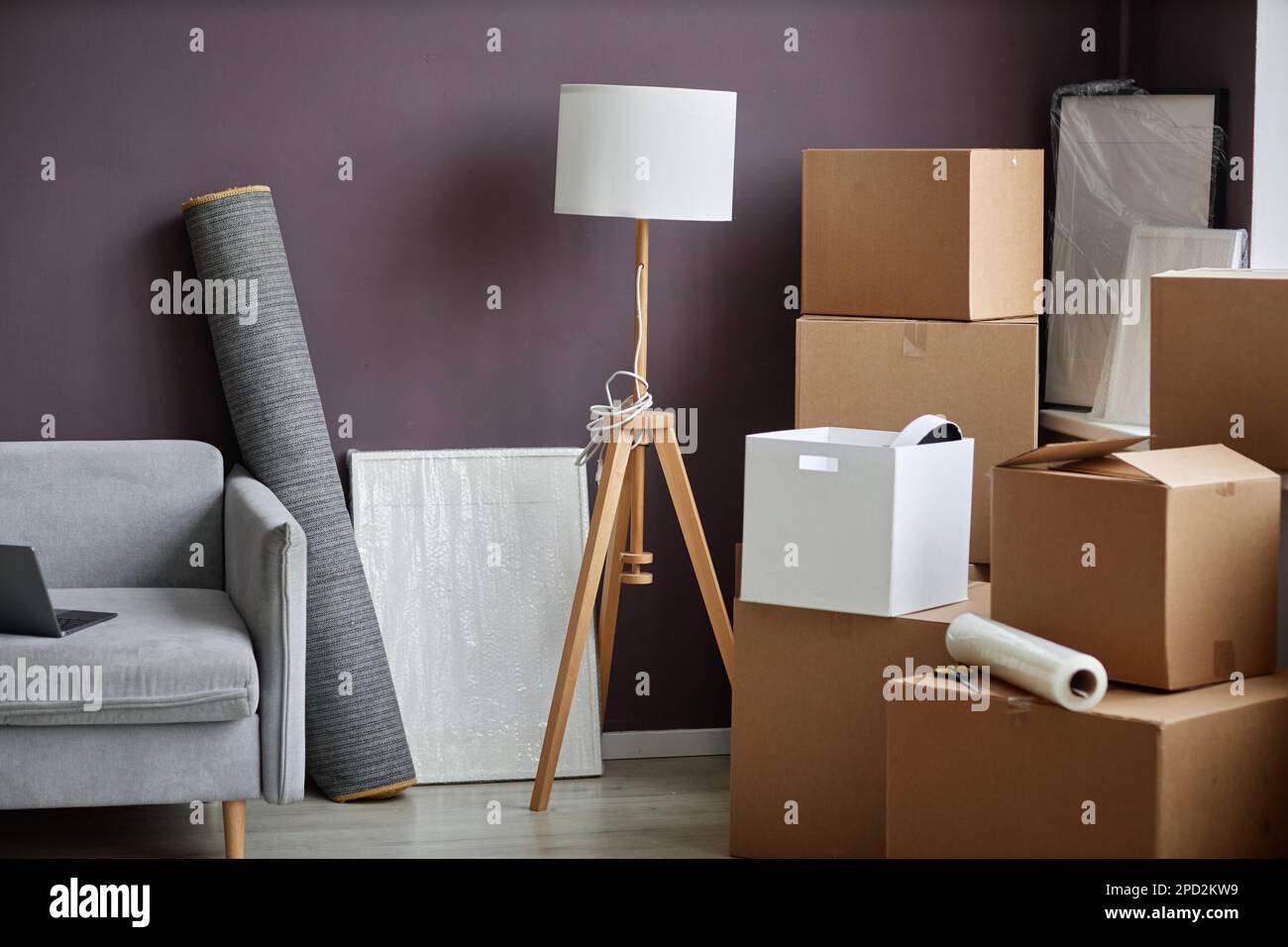 Horizontal image of packed cardboard boxes and furniture preparing for ...