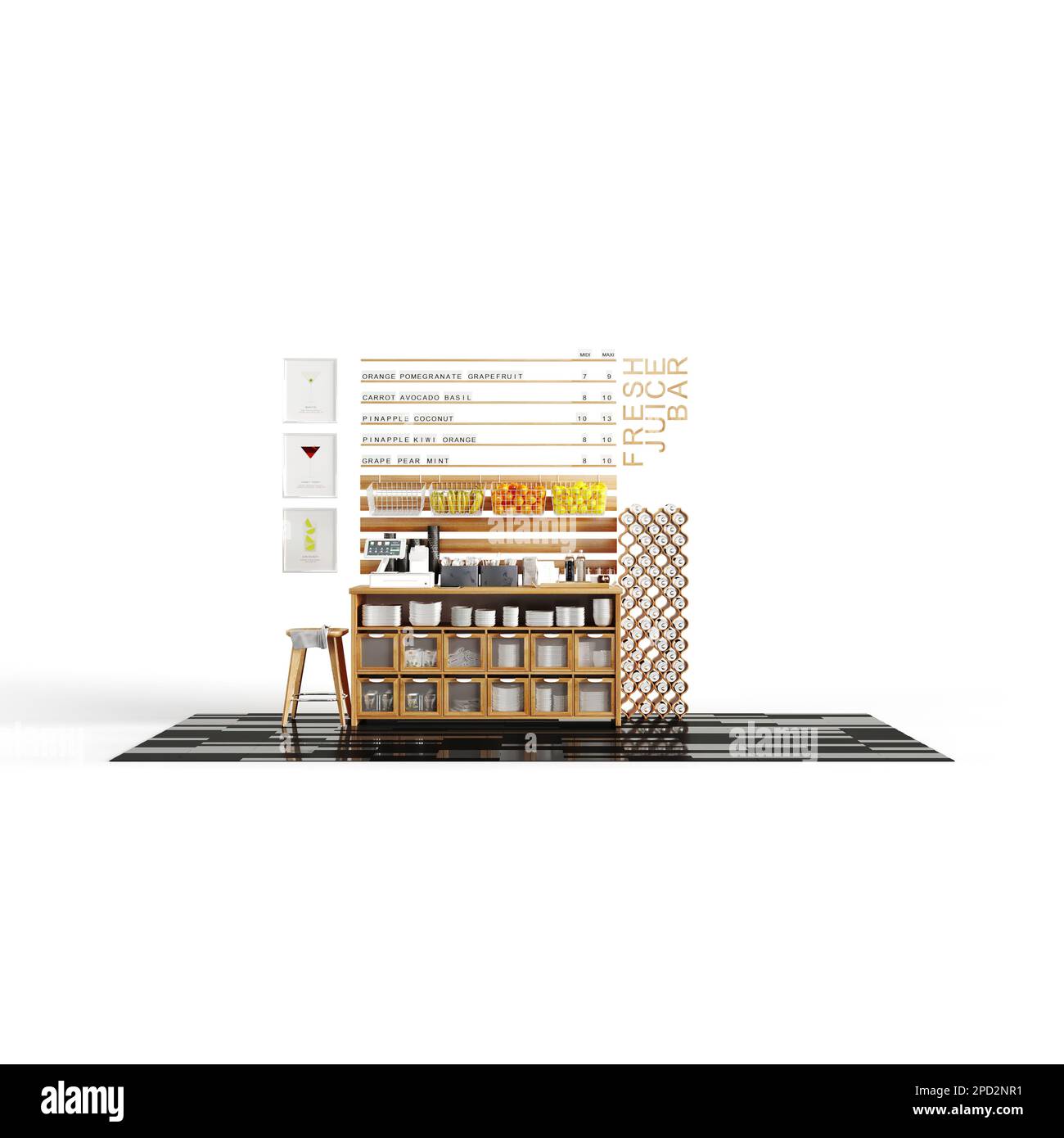 Cafe counter 3d render fruits display barista workspace drinks ...