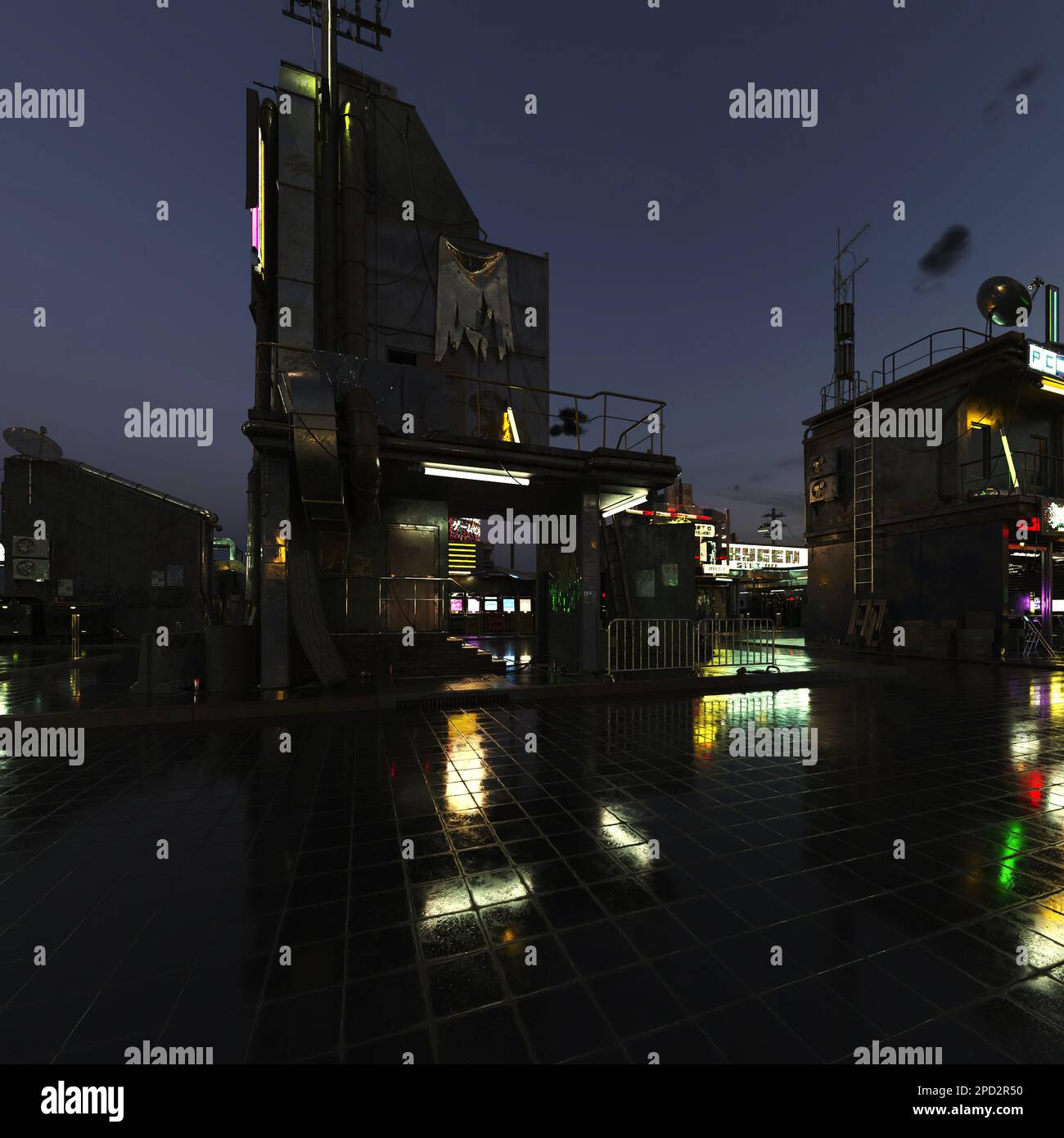 Night subway platform in Tokyo's Shibu, rain pouring, 3D rendering ...