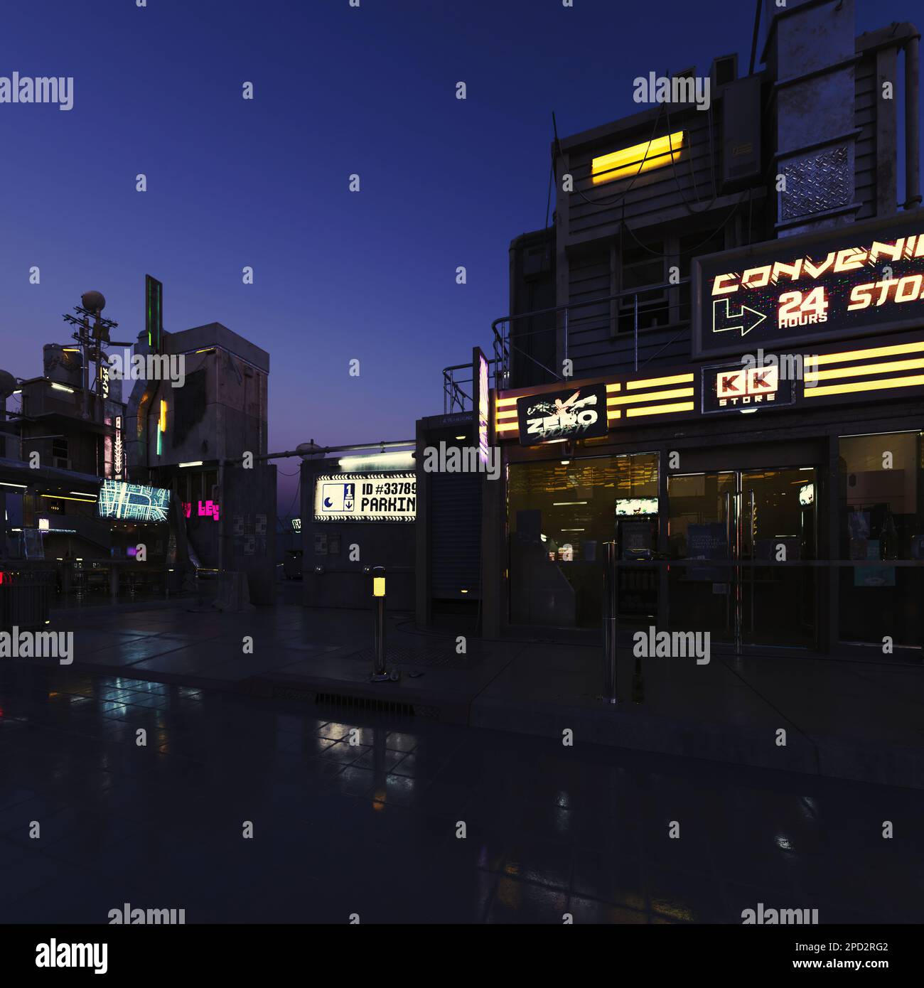 3D city street signs buildings rendering Stock Photo - Alamy