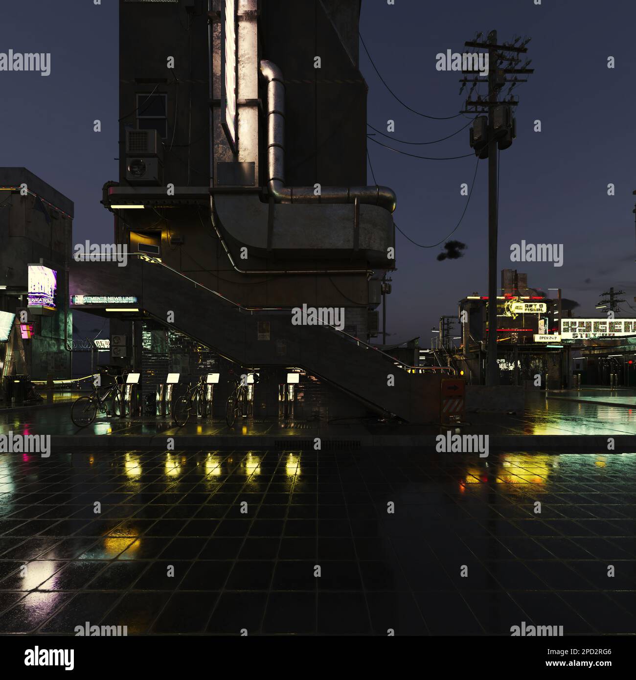 City buildings neon lights night 3d rendering urban skyline lit ...