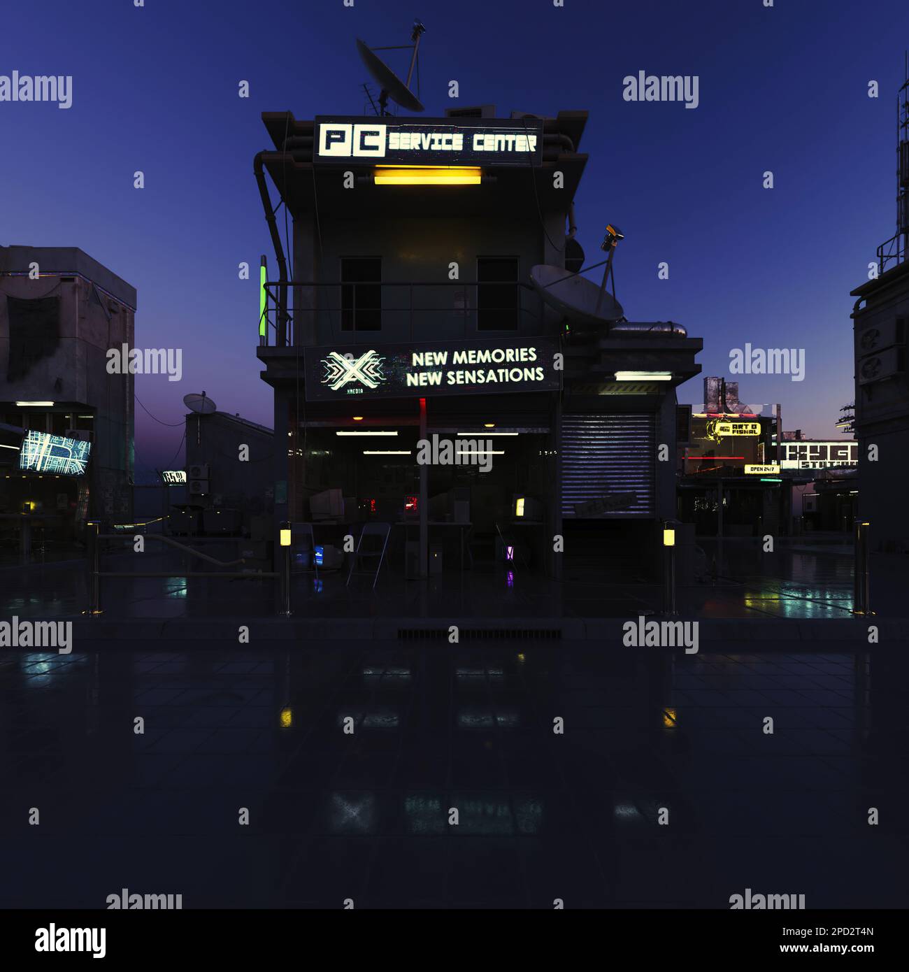 Neon lit buildings 3D rendering cityscape modern urban skyline night ...