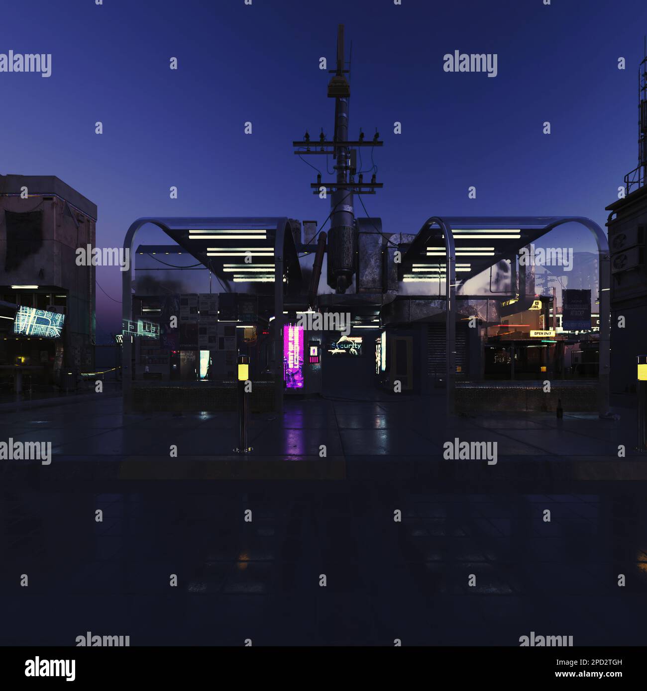 Futuristic bus stop with glowing lights 3D render Stock Photo - Alamy