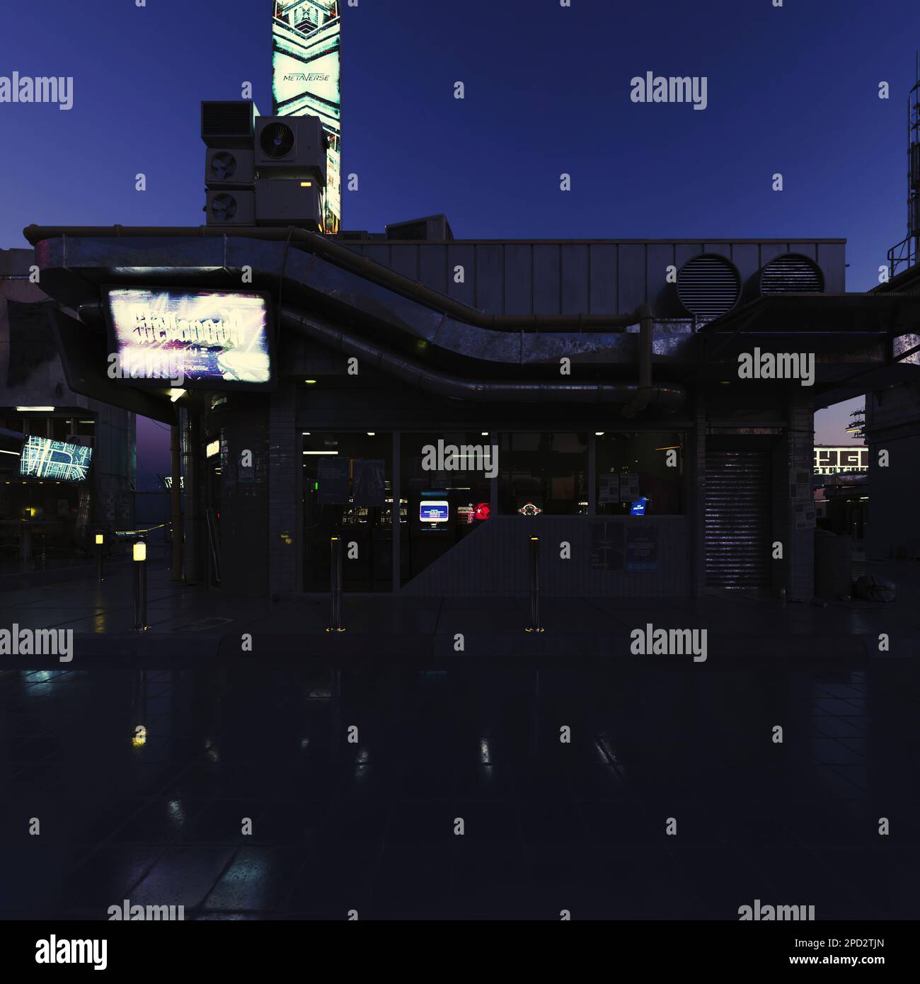 Futuristic cafe 3D rendered with glowing lights Stock Photo - Alamy