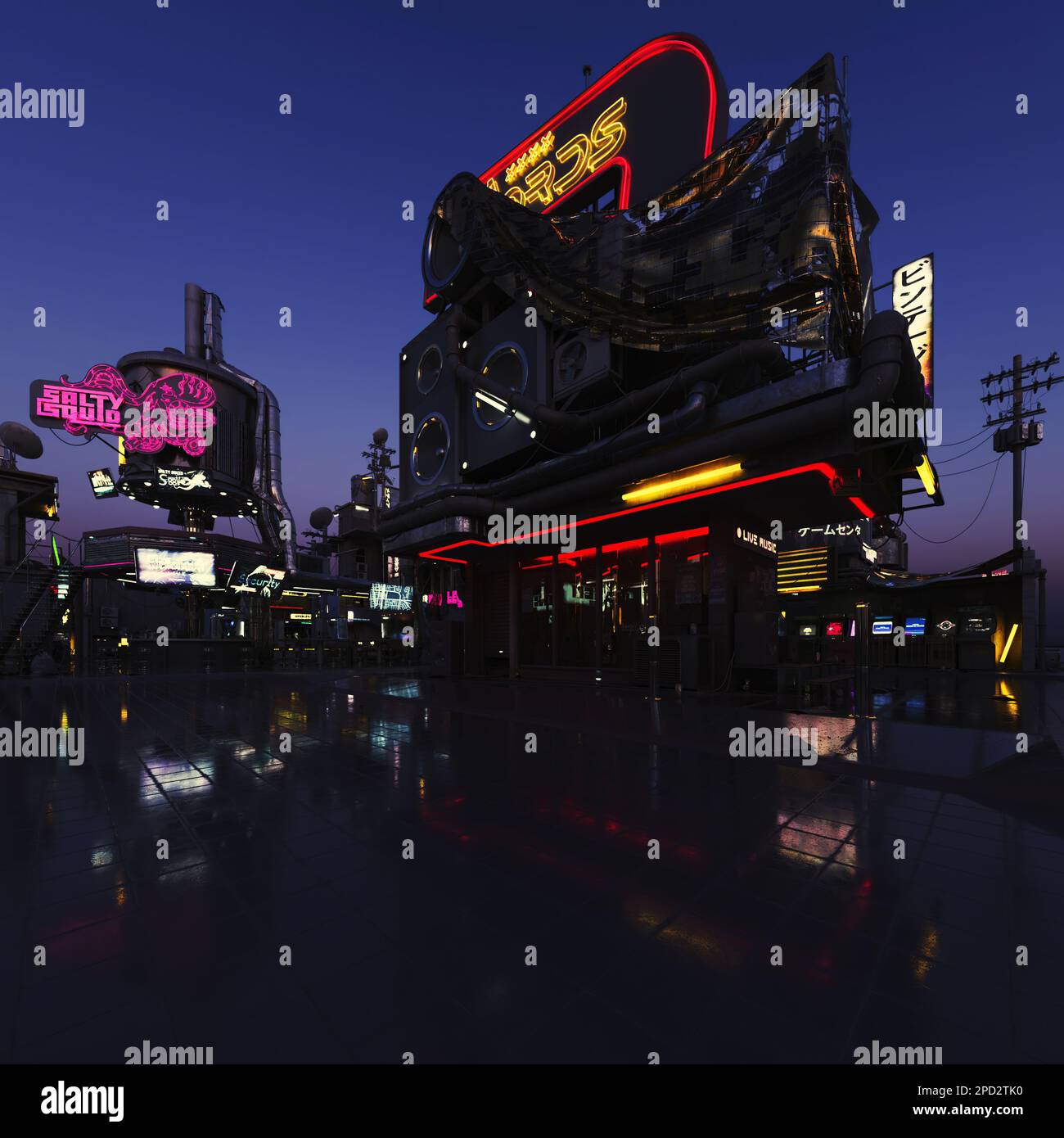 Neon signs outside futuristic restaurant 3D rendering Stock Photo - Alamy