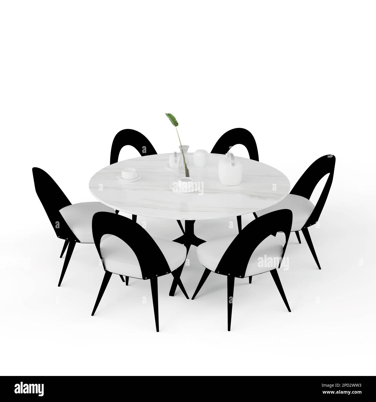 3D rendering of white round table with chairs surrounding it Stock ...
