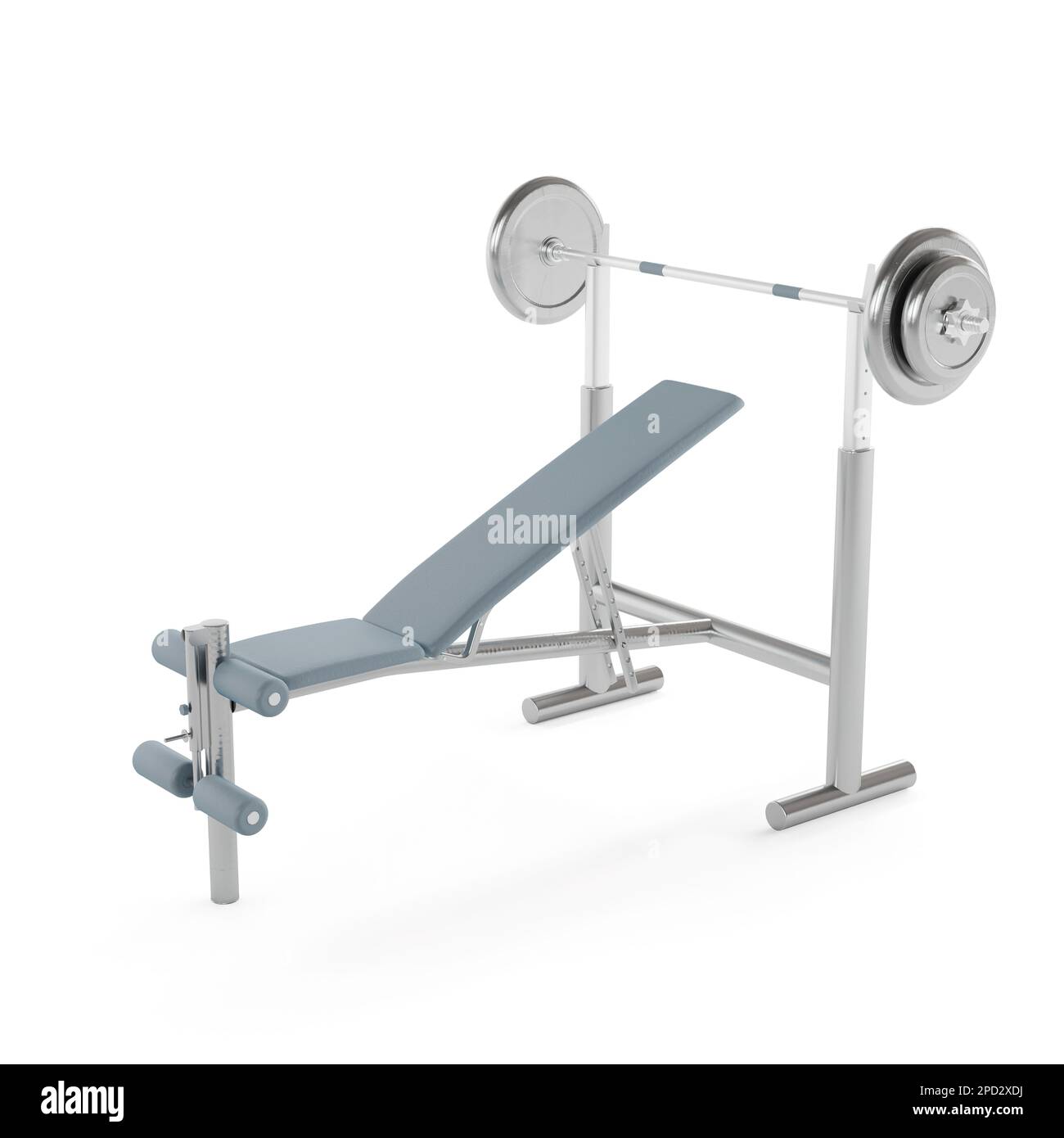 Blue bench with weight bar & weights in 3D render Stock Photo - Alamy