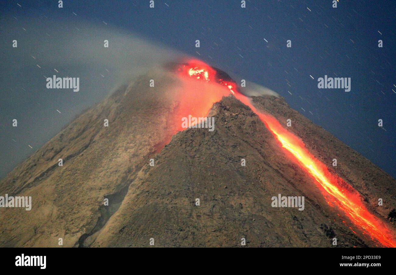 Lava flows on the slopes of Mount Merapi in this picture taken from ...