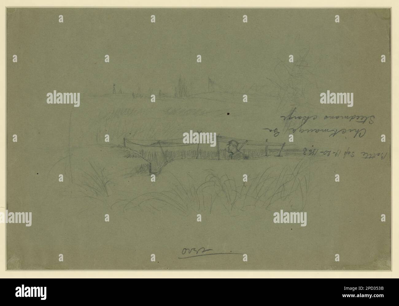 Soldier standing in a rifle pit covered by a canopy. Morgan collection ...