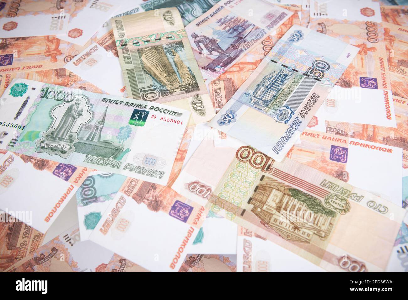 Russian rubles. Russian money. Different denomination of bills. Close ...