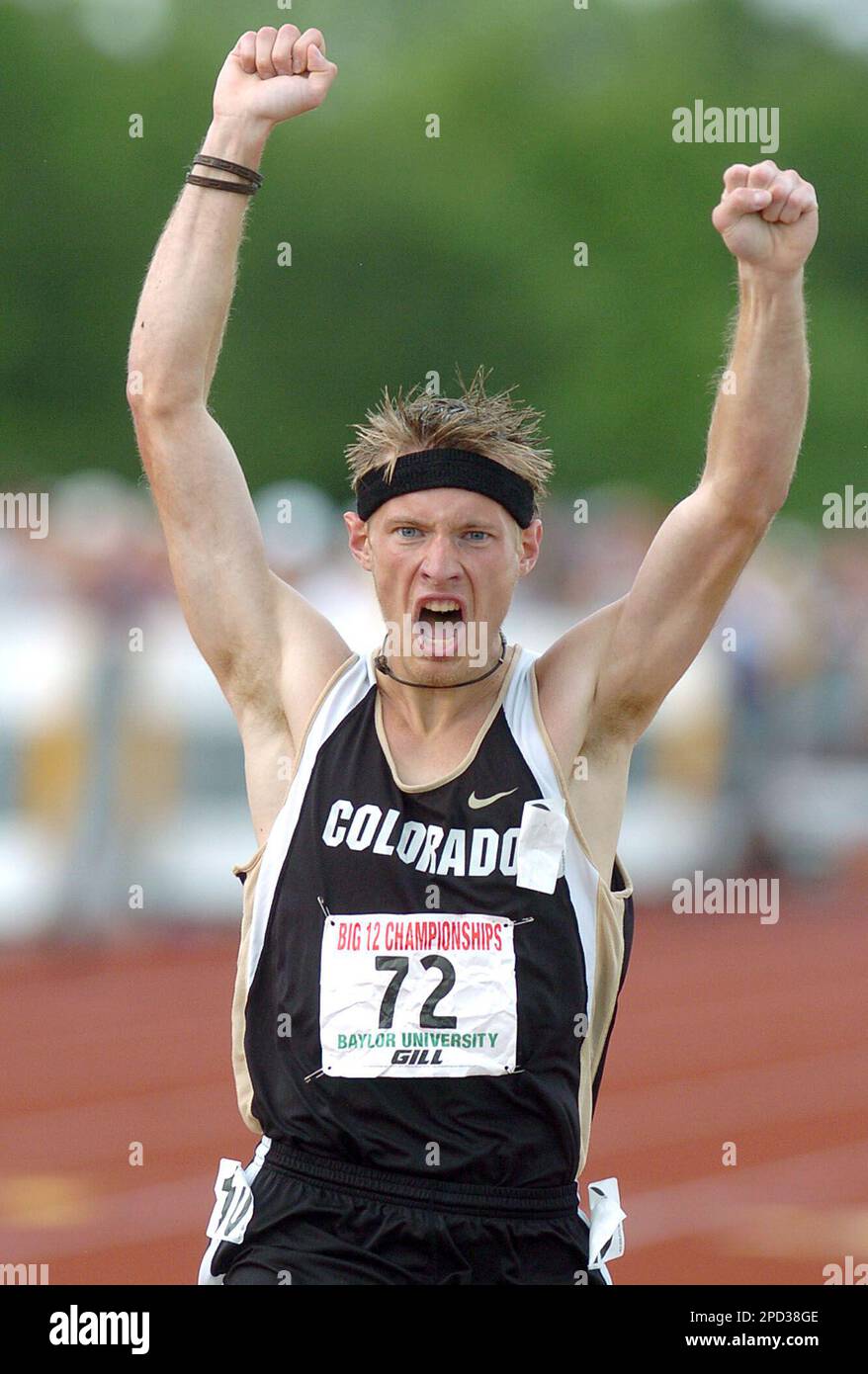 Colorado's Stephen Pifer raises his fists as he takes first in the 1500 ...