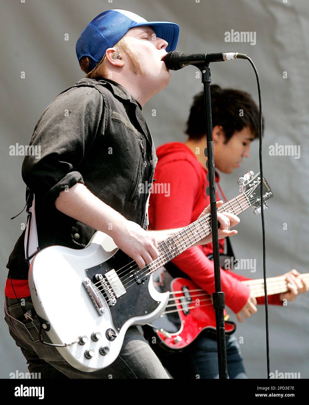 Fall Out Boy lead singer Patrick Stump, front, and bassist Pete Wentz ...