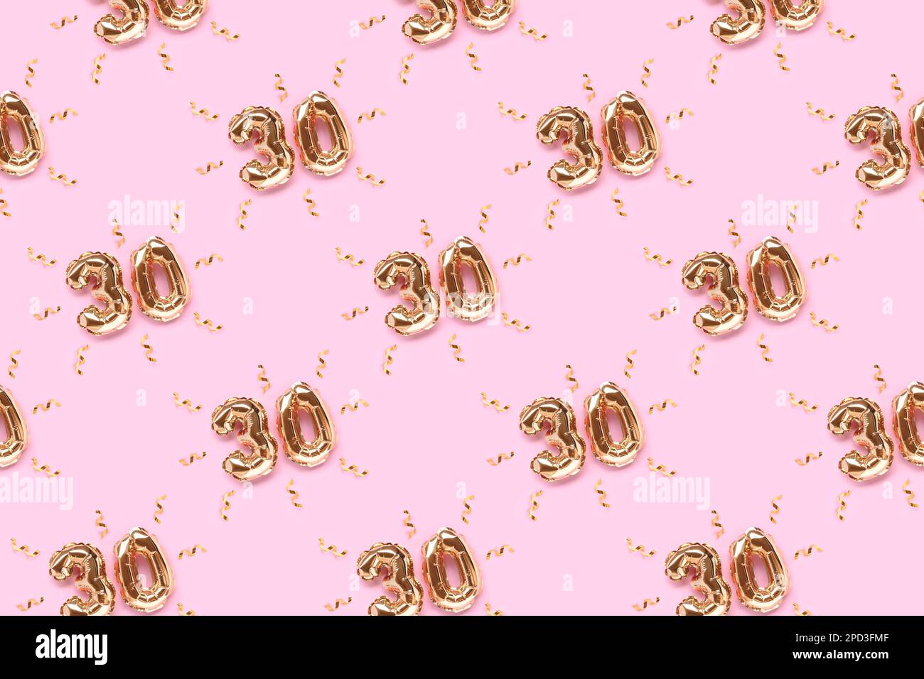 Pattern made of number 30 golden air balloons with ribbons confetti on ...