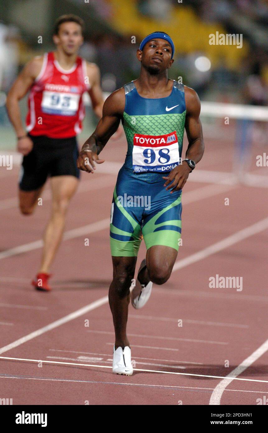 American sprinter Bershawn Jackson finishes first in the 400m hurdles ...