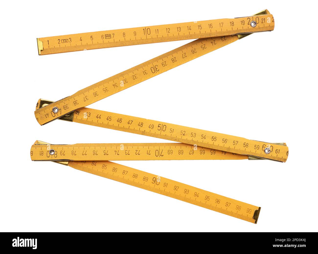 Yellow folding wooden ruler, retro style, isolated on white background ...