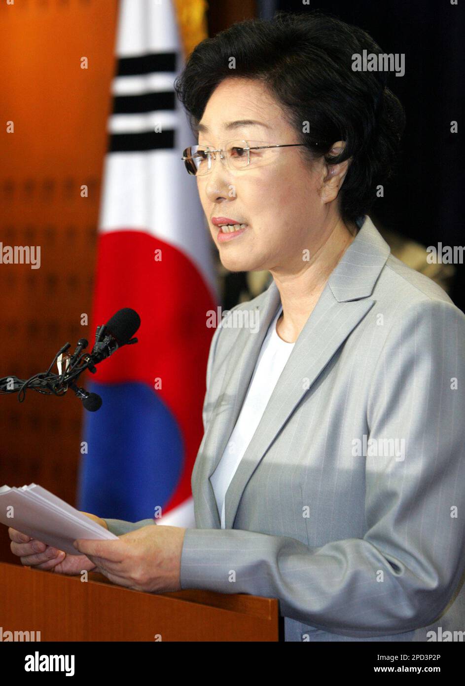 South Korean Prime Minister Han Myung-sook talks to the nation during ...
