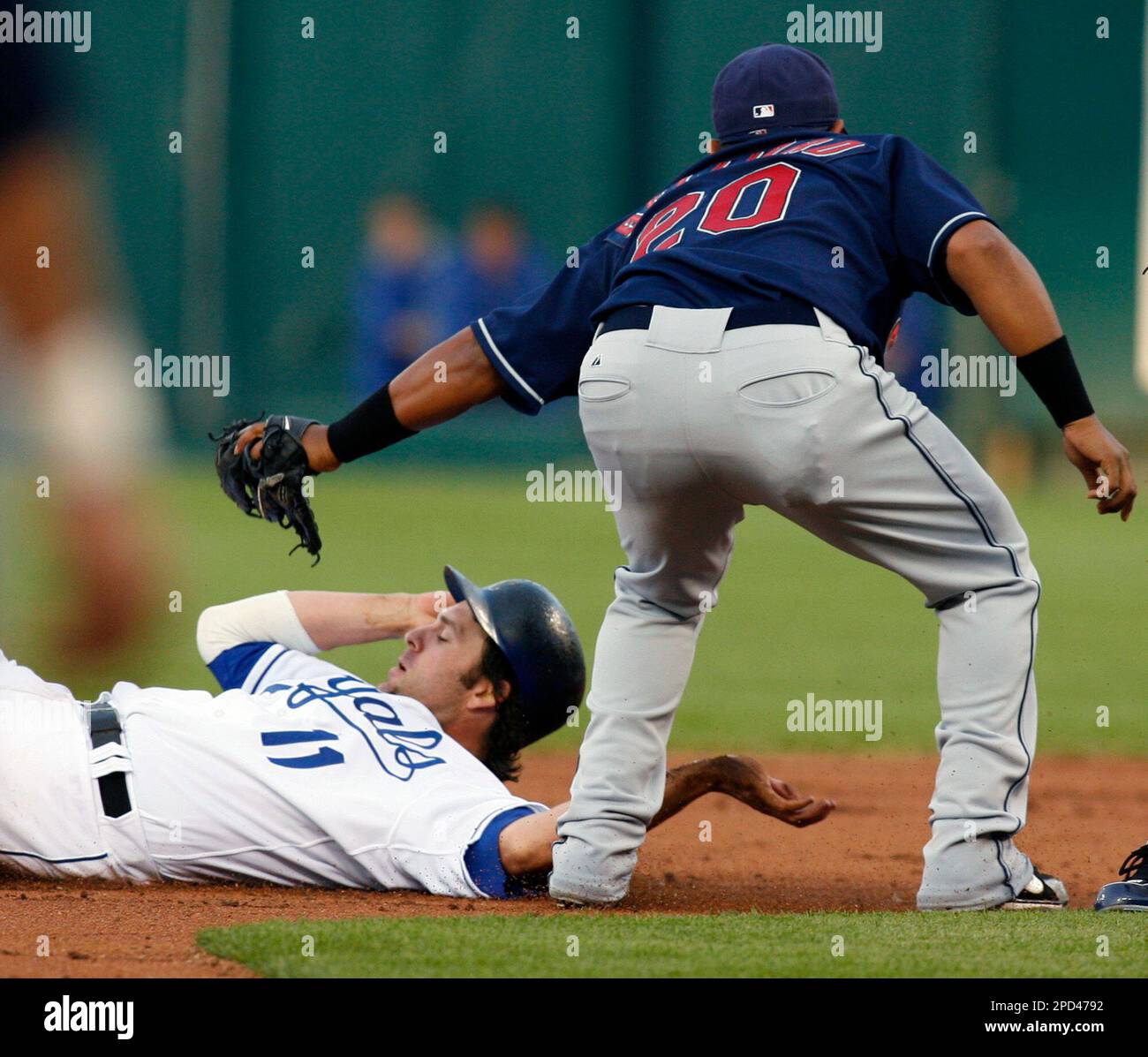 Kansas City Royals' Doug Mientkiewicz (11) is tagged out at second base ...