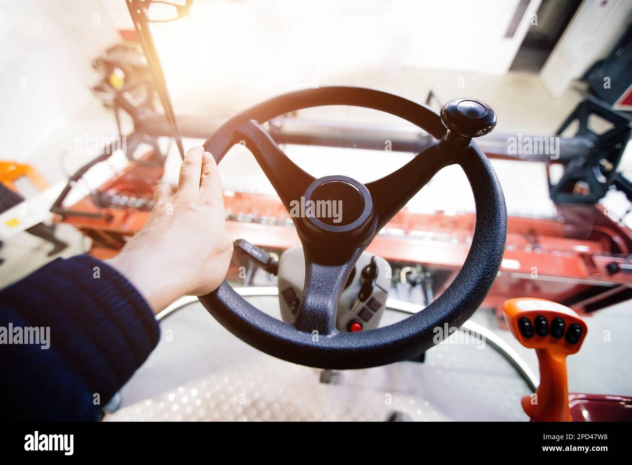 Inside harvester tractor. Steering wheel. View from work place Stock ...