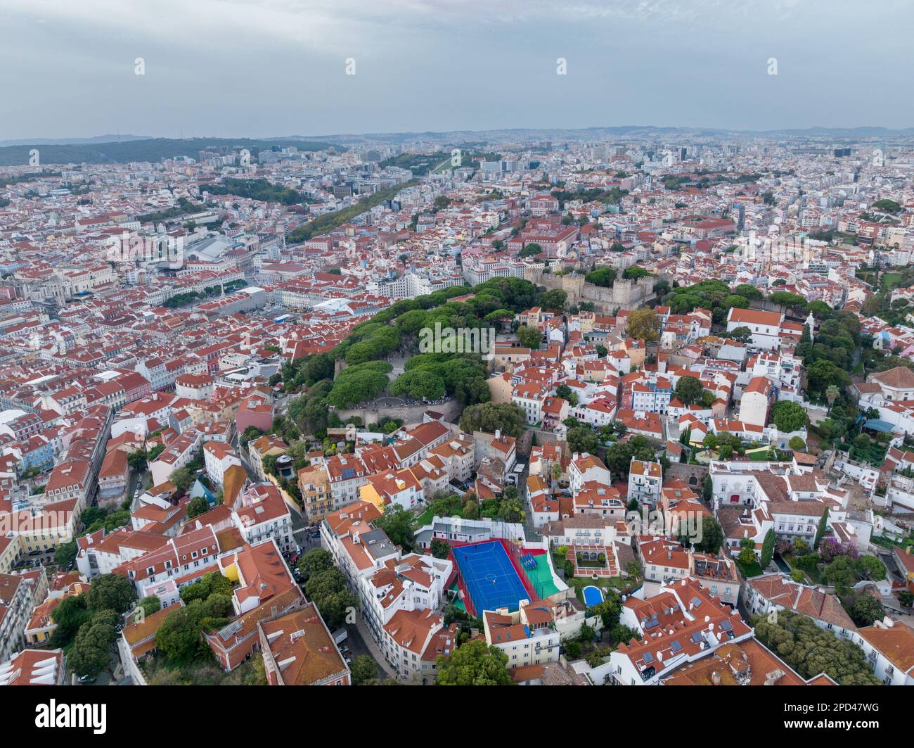Lisbon Downtown Old Town and Castle in Background. Portugal. Drone ...