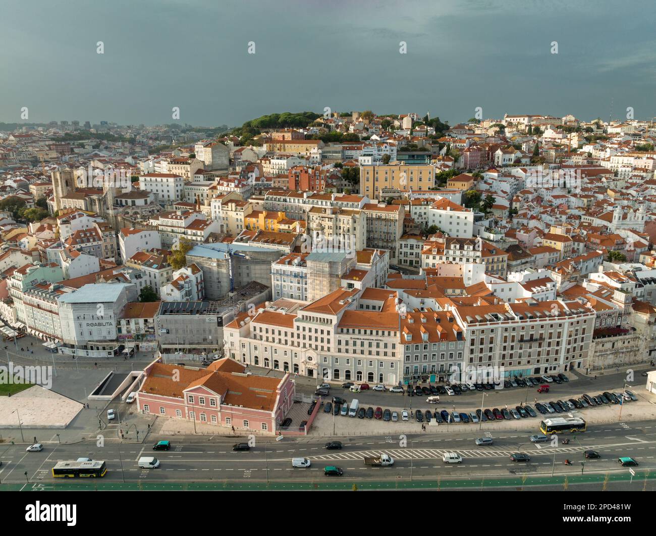 Lisbon Downtown Old Town and Castle in Background. Portugal. Drone ...