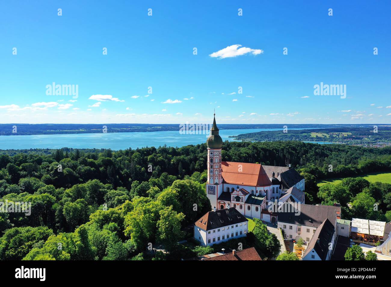 Aerial View Of Andechs Monastery With Ammersee Lake In The Background ...